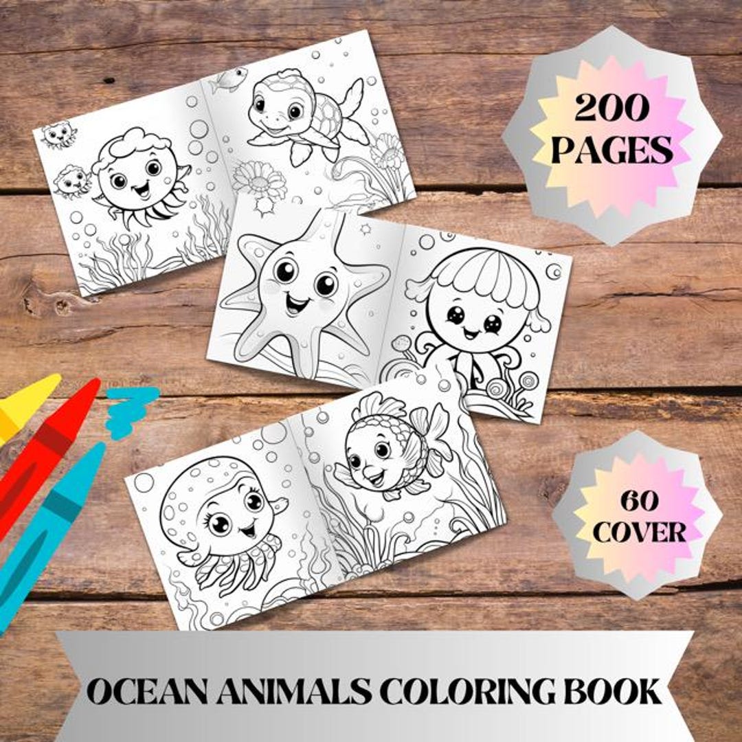 Ocean Animals Coloring Book, 200 Pages Cute Sea Creatures Art, 60 ...