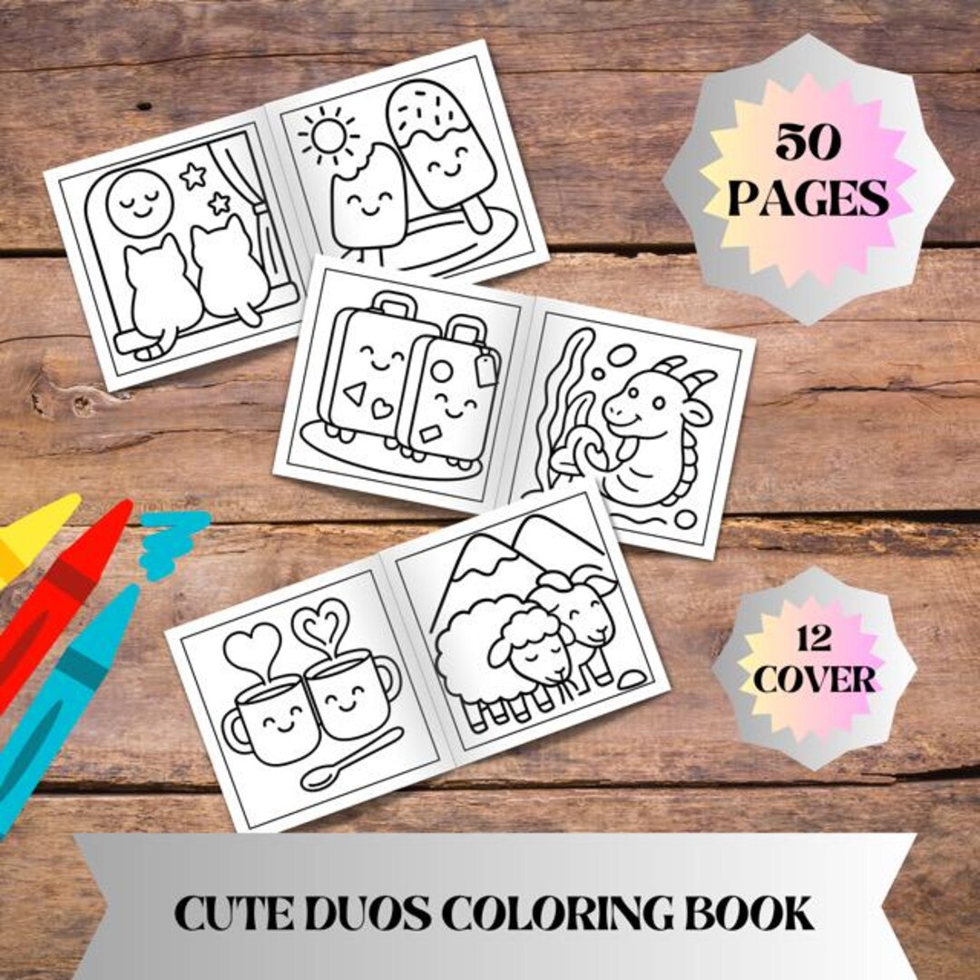 Cute Duos Coloring Book for Kids, 50 Pages of Adorable Pairs, 12 Covers ...