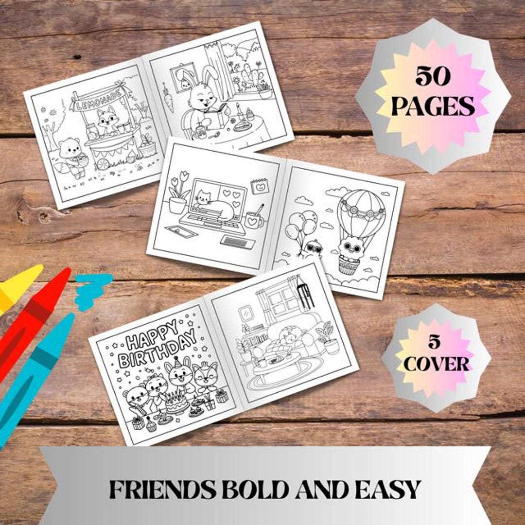 Friends Coloring Book, Cute Animal Coloring Pages for Kids, Easy Bold ...