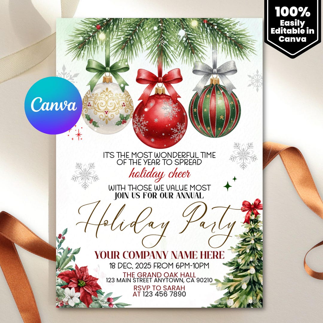 Editable Holiday Party Christmas Invitation, Company Holiday Christmas ...
