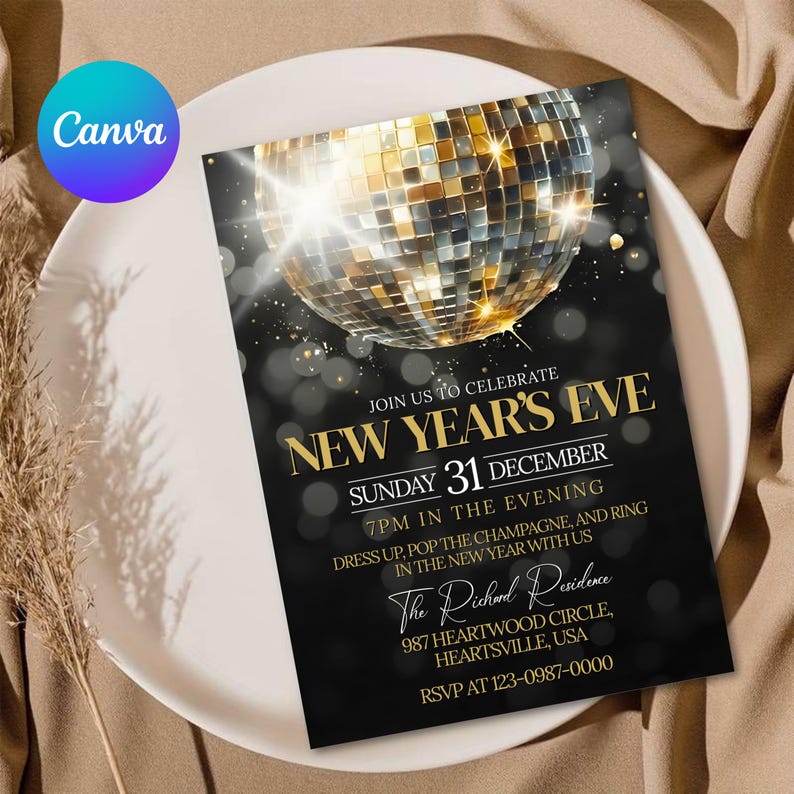 2026 New Year Party Invitation, Gold Balloon NYE Invite, New Year’s Eve ...