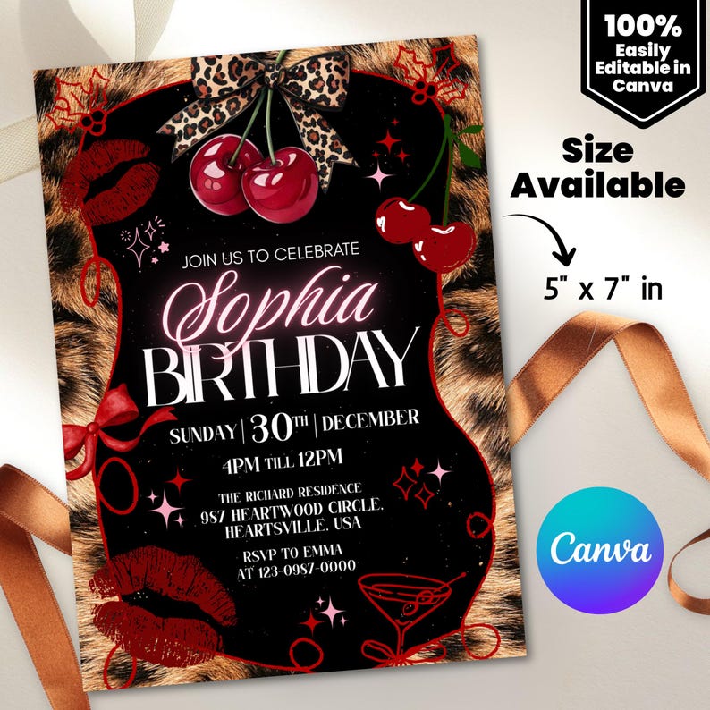Cheetah Print Birthday Invitation, Black Bow Coquette Party Printable ...