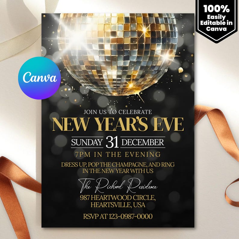 2026 New Year Party Invitation, Gold Balloon NYE Invite, New Year’s Eve ...
