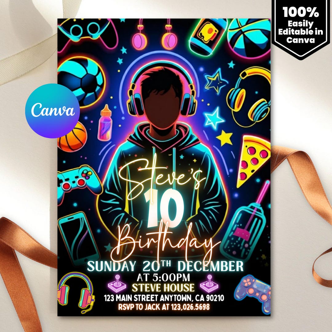 Neon Gaming Birthday Invitation | Editable Canva Template | Boys Party ...