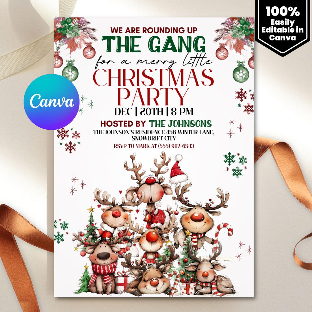 Editable Reindeer Christmas Party Invitation, We're Rounding up the ...