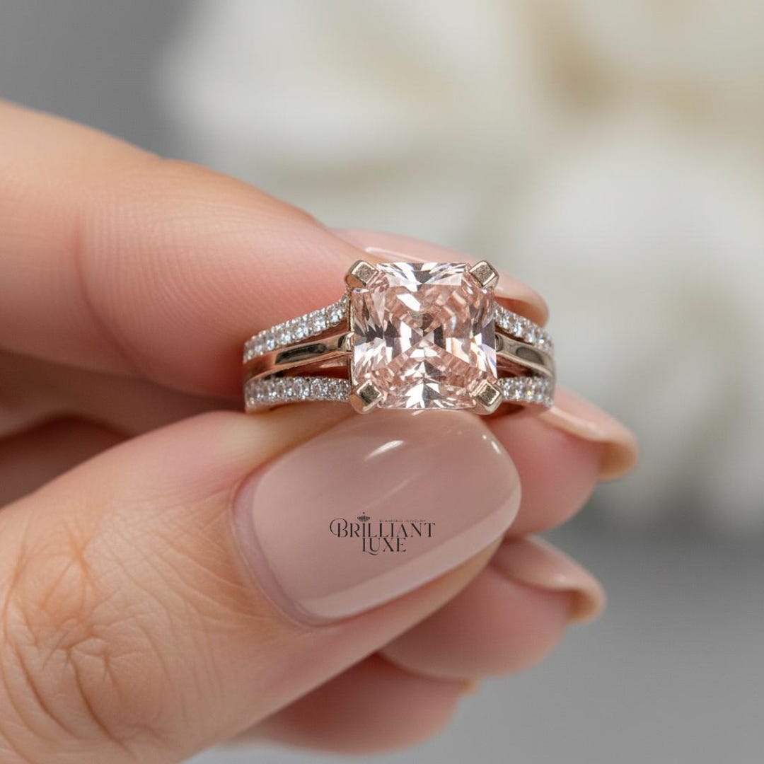 Pink Asscher Cut Lab Diamond Engagement Ring - Pavé Split Shank - Etsy