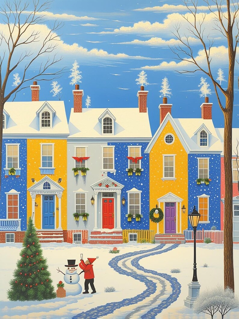 Colorful Christmas Village, Winter House Painting, Snowy Town Holiday ...