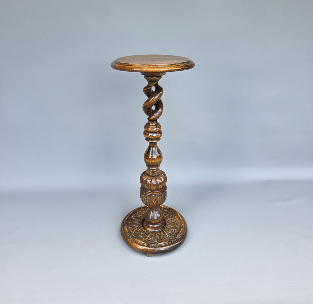 Vintage Open Carved Wood Barley Twist Hand Plant Stand & Pedestal Side ...