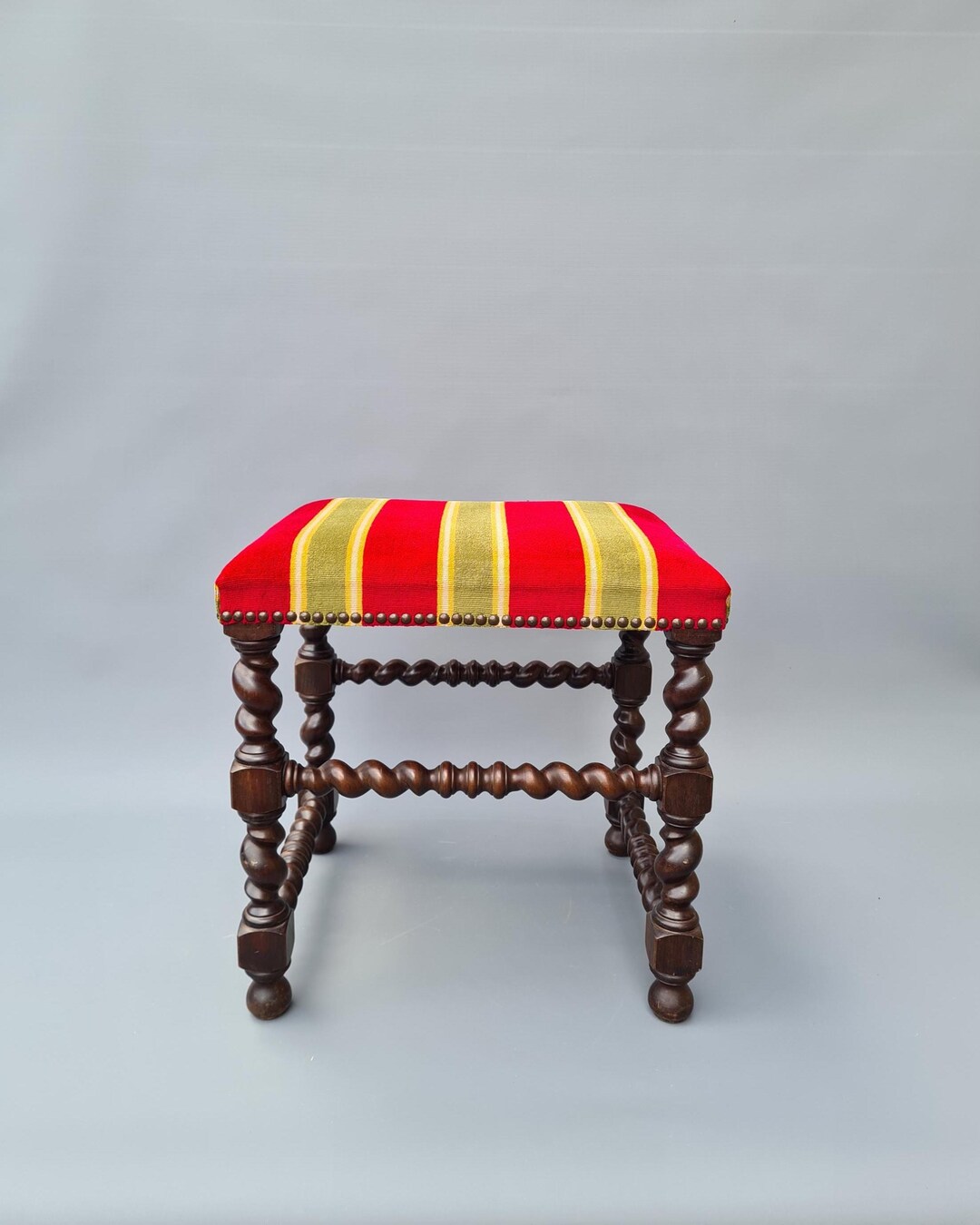 English Antique Hand Carved Oak Wood Barley Twist Ottoman, Striped ...