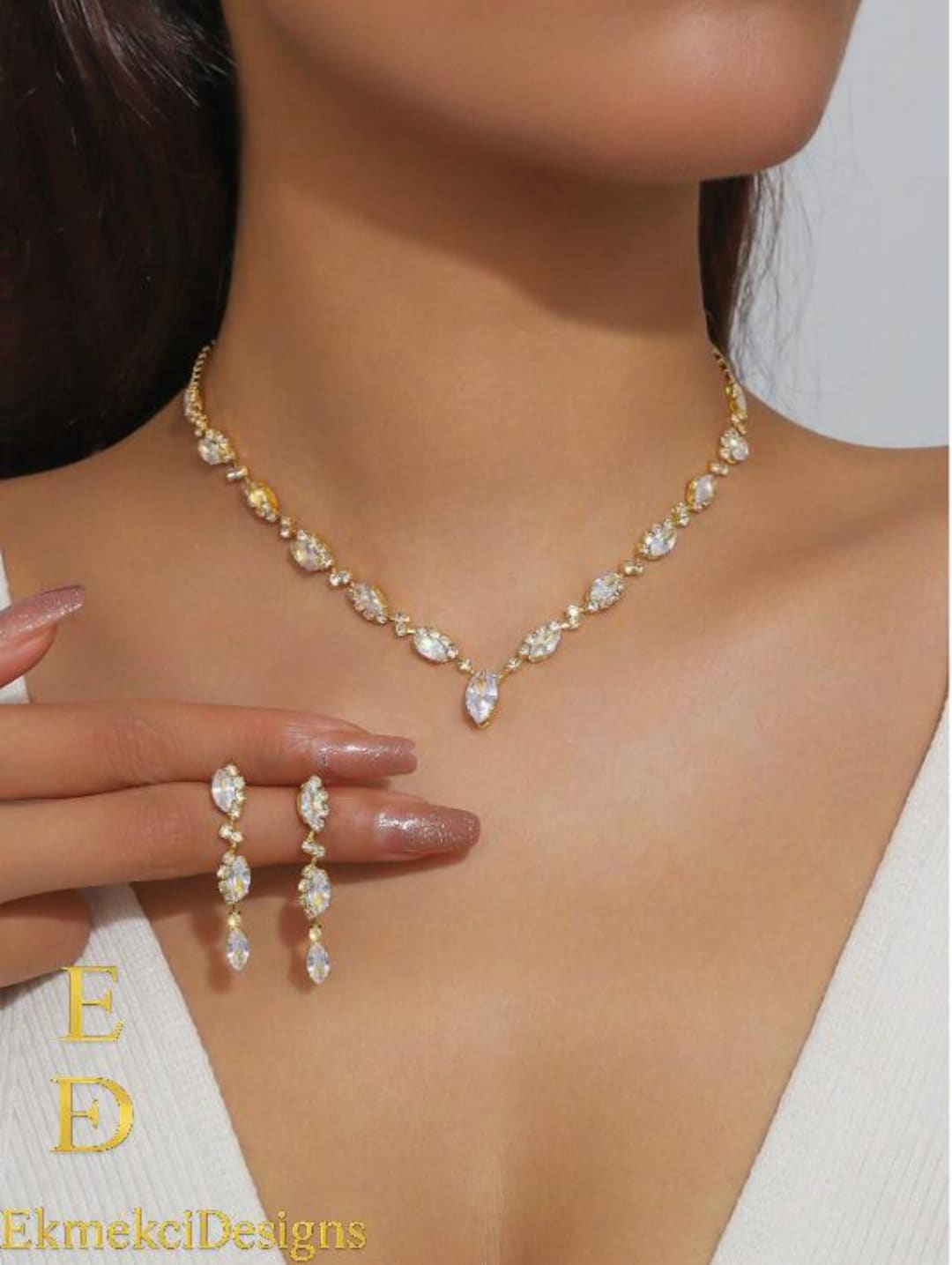 Cubic Zirconia Jewelry Set: 18K Gold Plated Wedding Necklace Earrings ...