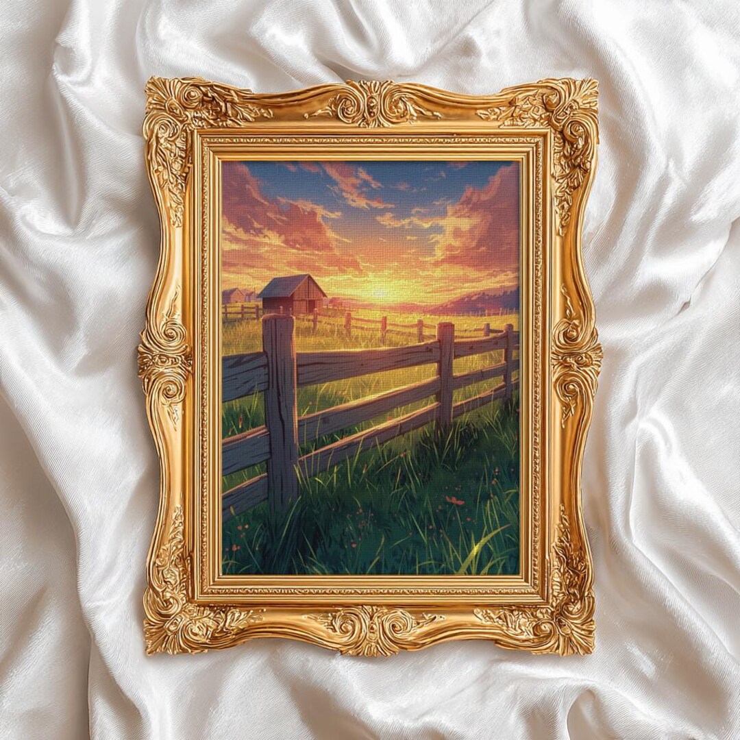 Anime Style Cozy Countryside Farm Printable – Rustic Sunset Landscape ...