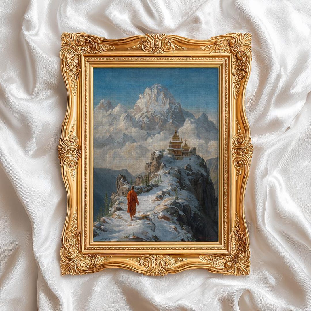 Vintage Mountain Monastery Landscape - Moody Snowy Ridge Art, Serene ...