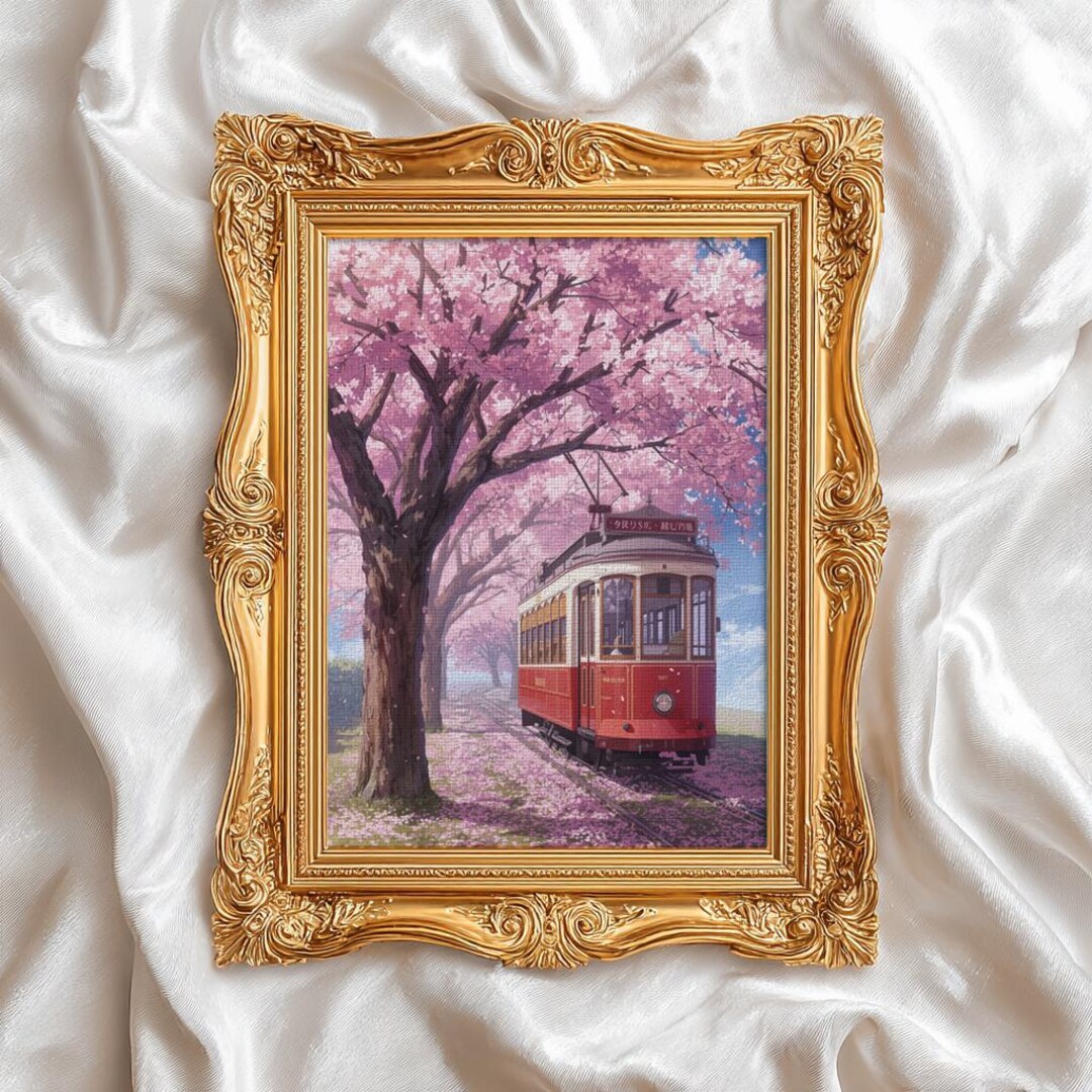 Vintage Tram in Anime Style Illustration - Printable Spring Cityscape ...