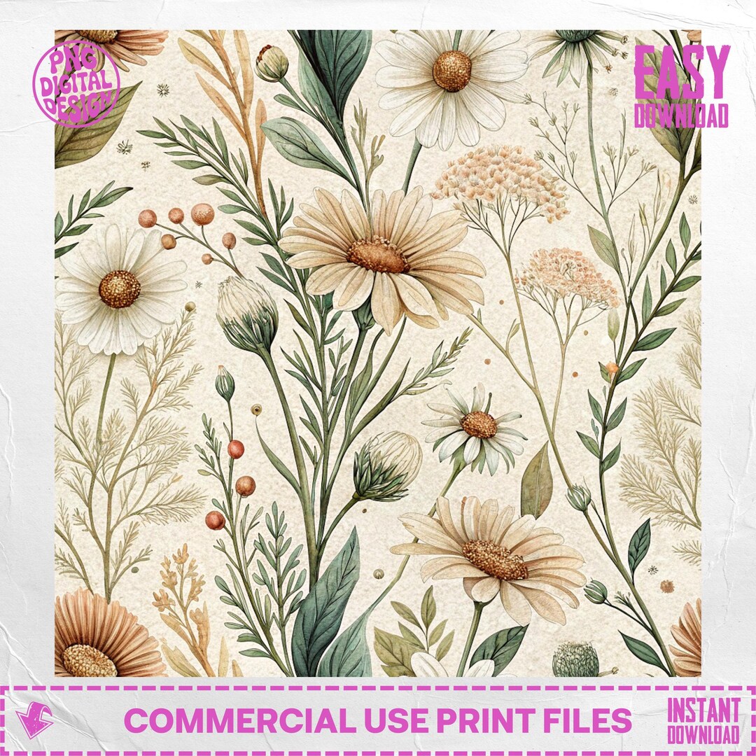 Wildflower Floral Seamless Pattern: Rustic Print Design (digital PNG ...