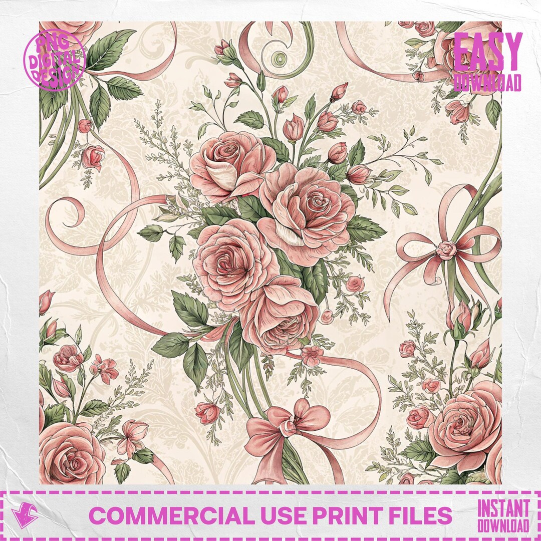 Pink Roses Seamless Pattern, Coquette Bows, Toile De Jouy Style (PNG ...