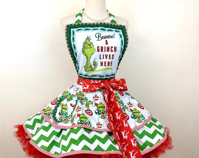 Grinch Lives Here Christmas Apron, Women's Apron - Etsy