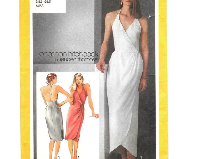 Halter Dress Pattern Wrap Front Scoop Back Petal Hem Long or Mid Knee ...