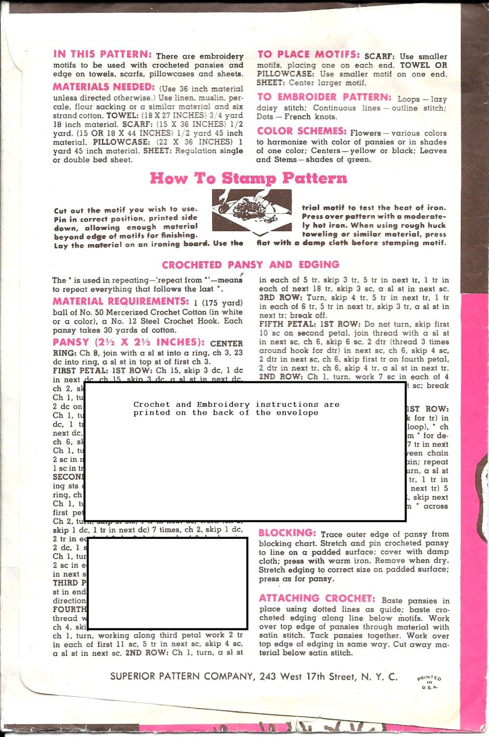 Crochet Pansy Pattern and Embroidery Transfer for Linens Floral Motifs ...
