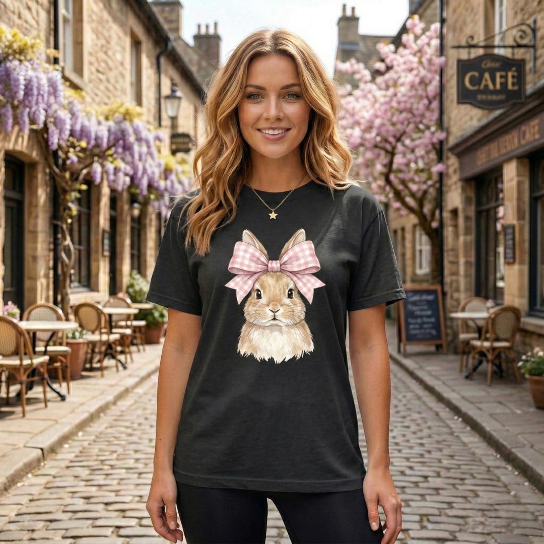 Bunny Bow Shirt Comfort Colors Pink Gingham Ribbon Rabbit Graphic Tee ...