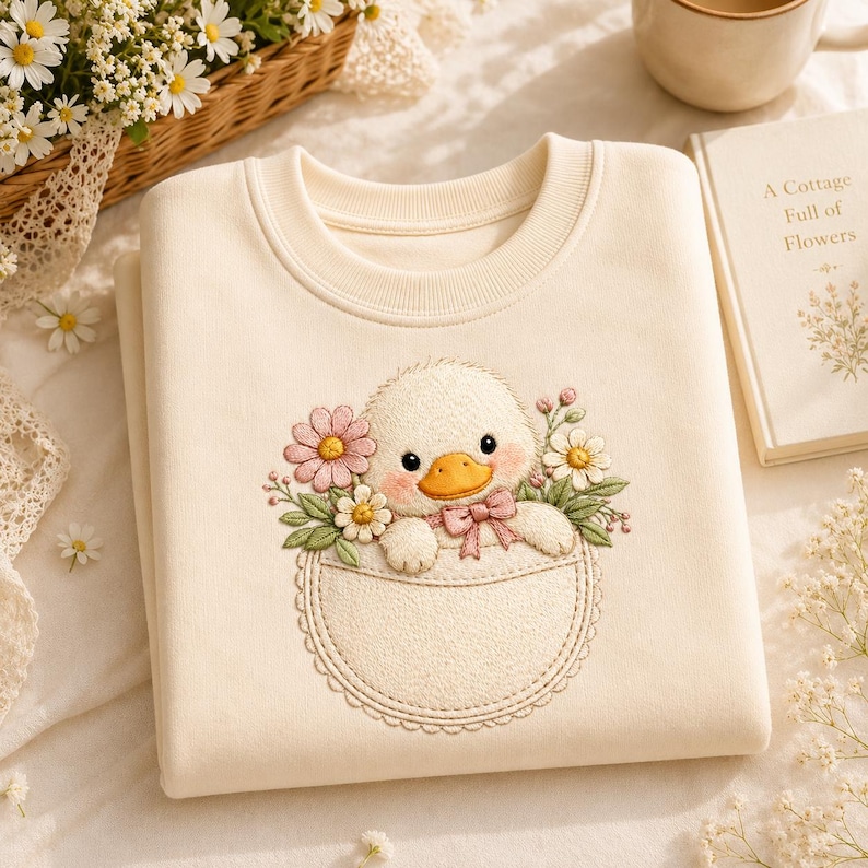 Duck Pocket Embroidery Design, Floral Duckling Machine Pattern (digital ...