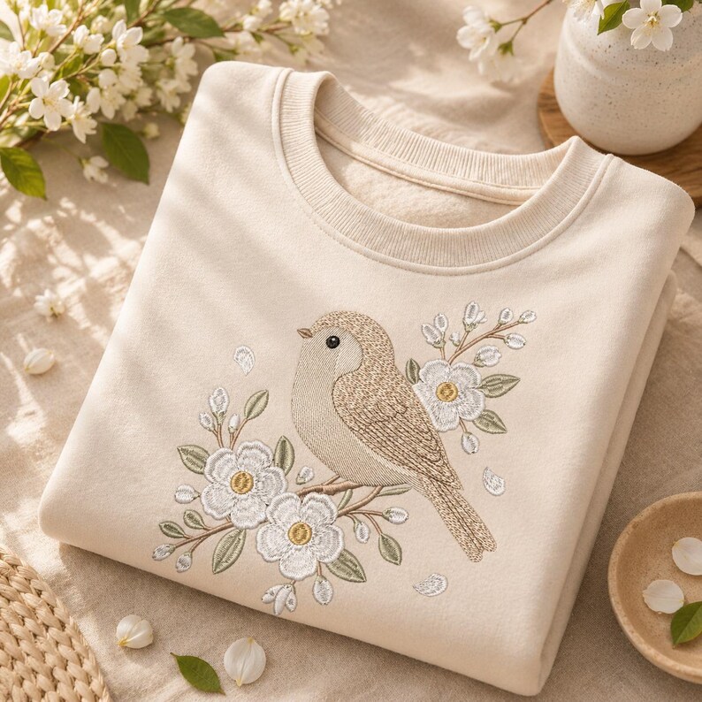 Bird and White Flowers Embroidery Design, Elegant Nature Machine ...