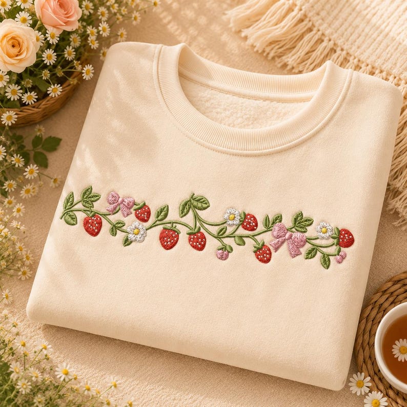 Strawberry Vine Border Embroidery Design, Pink Bows, Floral Machine ...