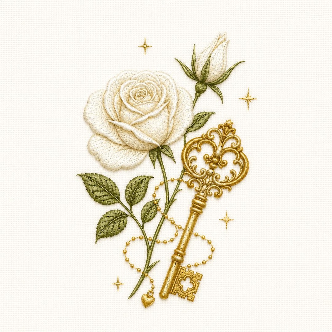 White Rose Key Embroidery Design, Elegant Floral Machine File (instant ...