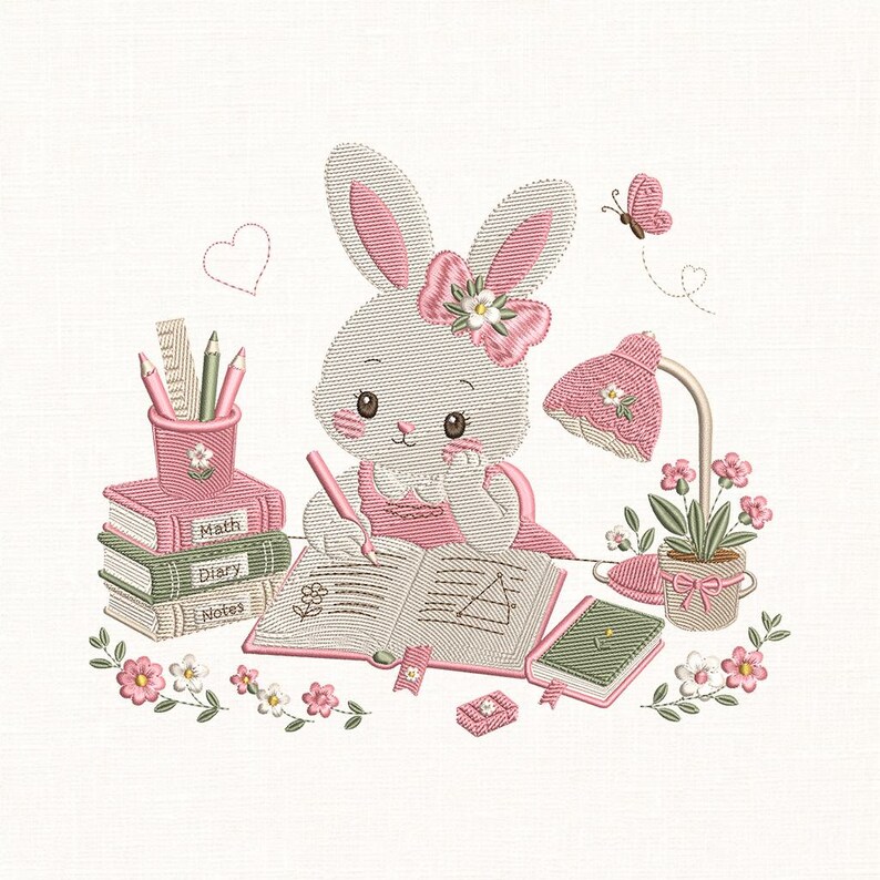 Bunny Student Embroidery Design, Back to School Rabbit, Books, Notebook ...