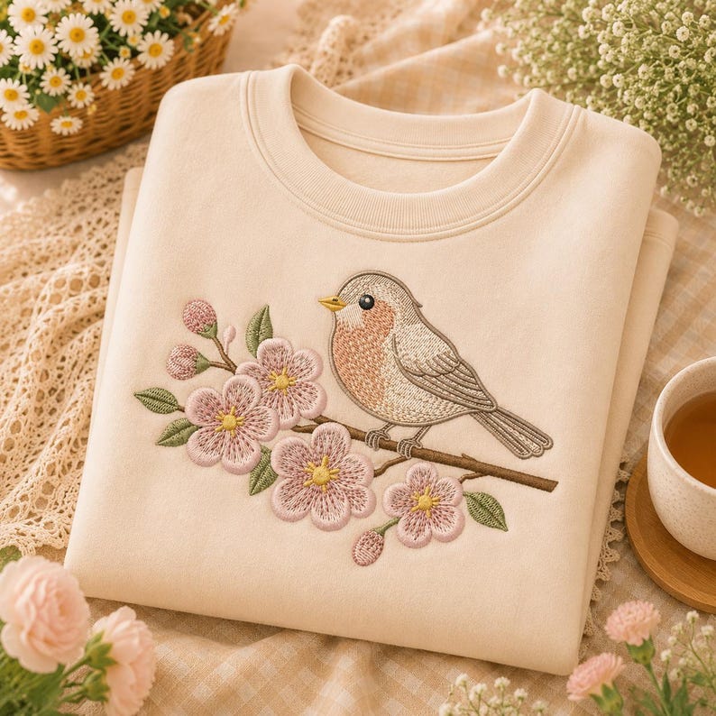 Bird Blossom Branch Embroidery Design, Spring Floral Machine Pattern ...