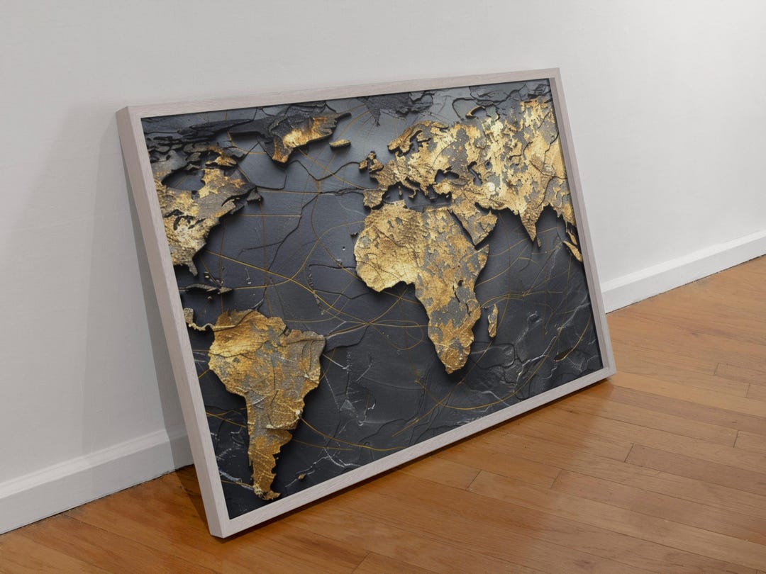 Gold Leaf World Map Wall Art 3D Textured Slate Global Map Luxury Office ...
