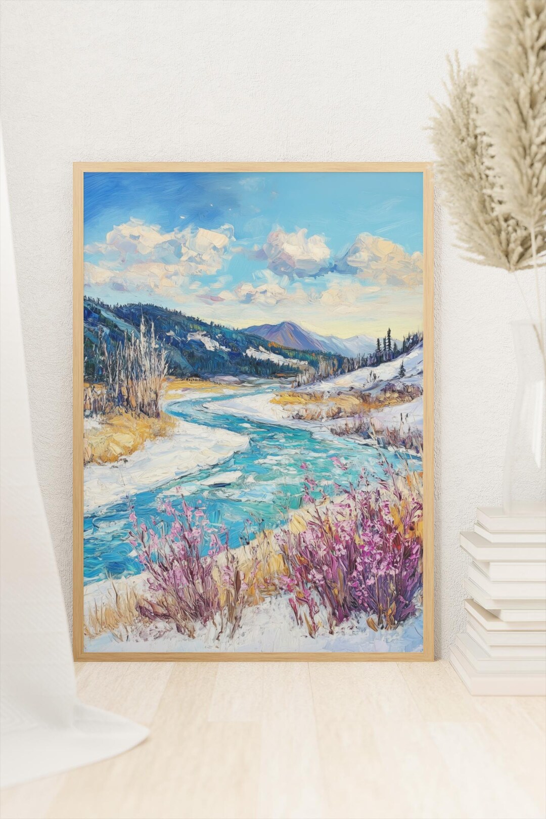 Mountain Landscape Wall Art, Vibrant Nature Oil Painting, Spring Thaw ...