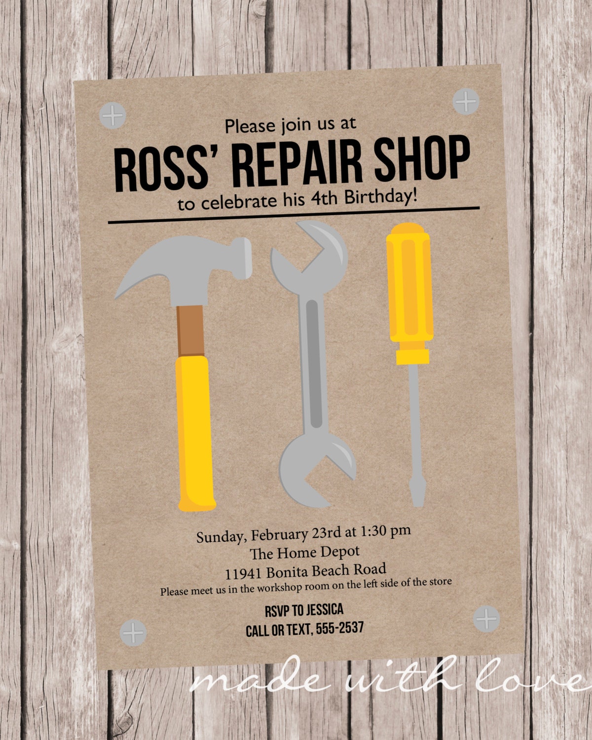 Repair Shop/tools-boys Birthday Invitation, Personalized and Printable ...