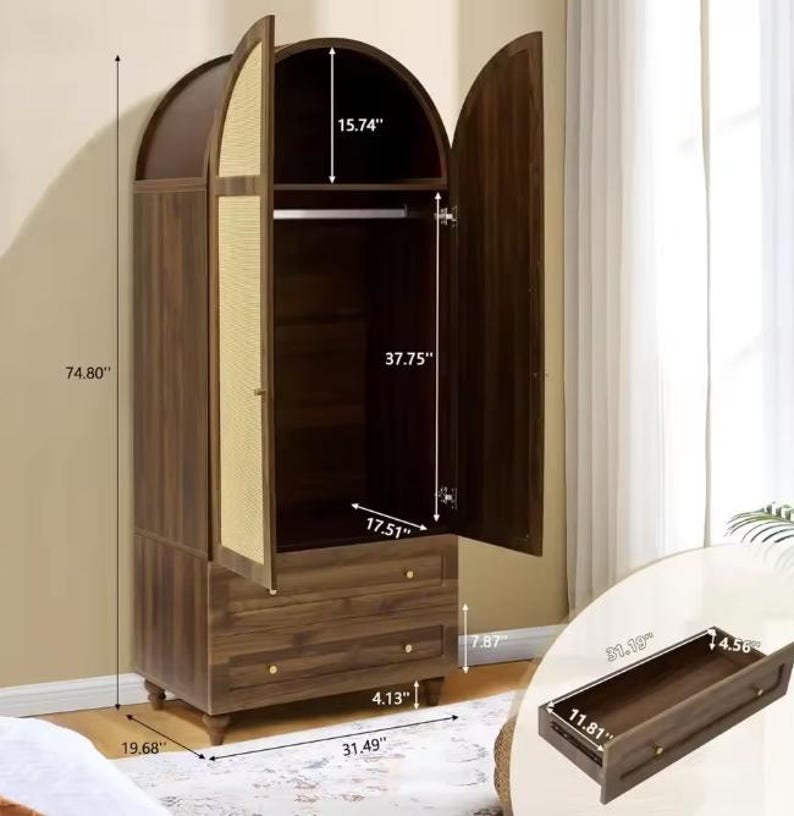 Arched Rattan Door Wardrobe Closet With Drawers, Wooden Armoire Closet ...