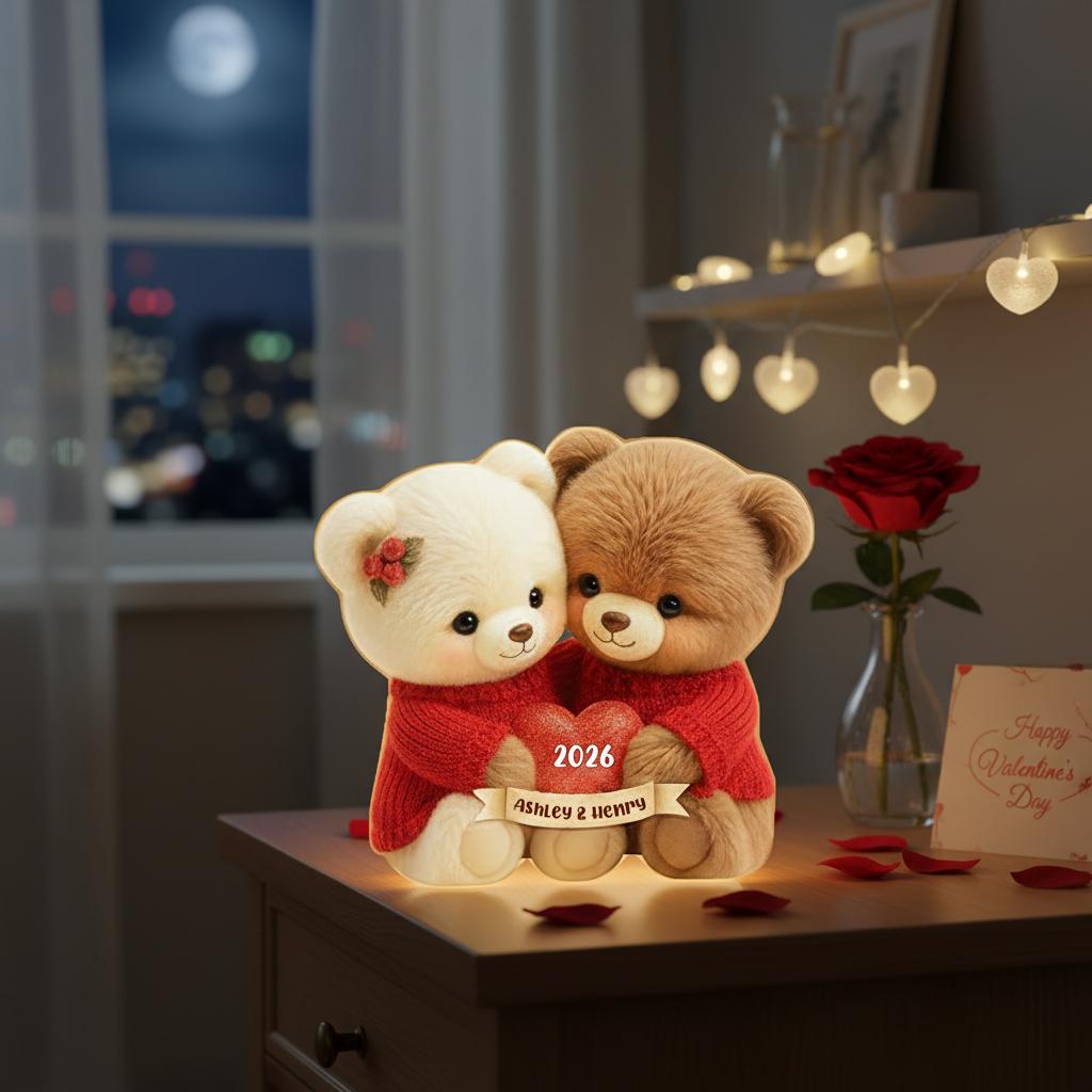 Personalized Teddy Bear Couple Acrylic Light Box, Custom Name ...