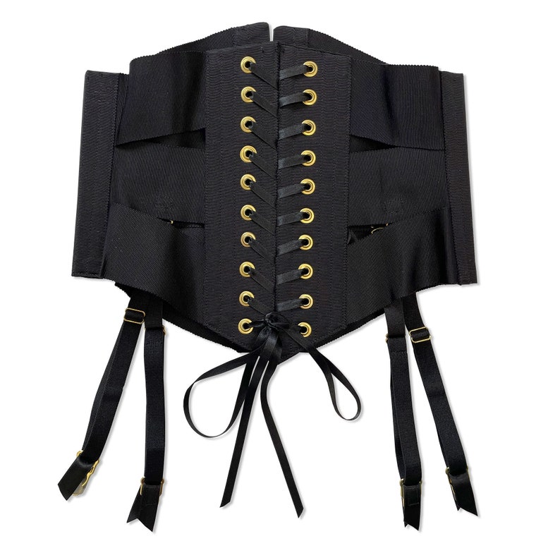 Halloween Costume Sexy Pinup Black Goth Corset Waspie Gold Garters ...