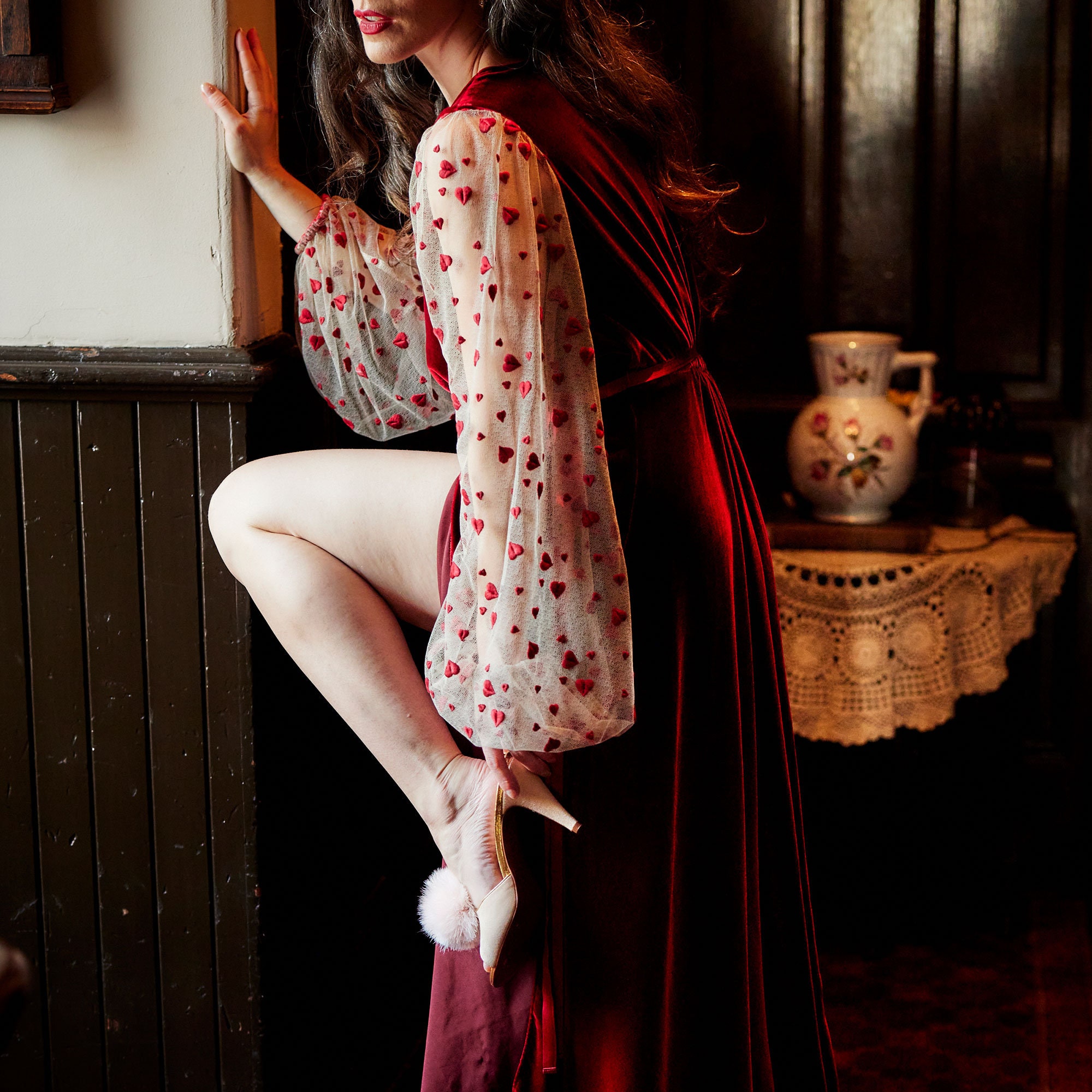 Luxury Red Lingerie Robe Silk Velvet Red Heart Pinup Lace / - Etsy