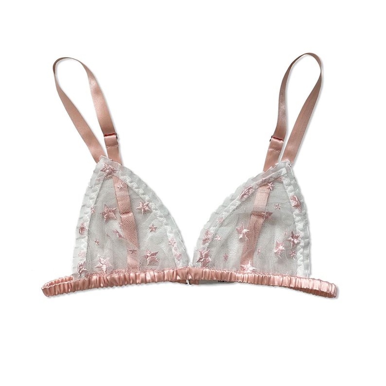 Cute Pastel Pink Silk White Star Ruffle Lace Bra Bralette Lingerie ...