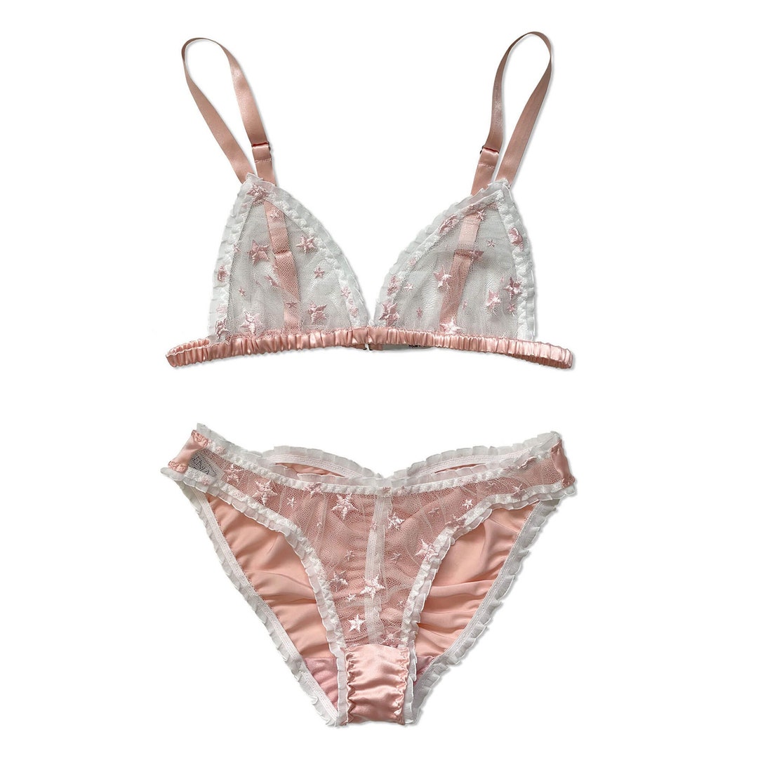 Cute Pastel Pink Silk White Star Ruffle Lace Bra Bralette Lingerie ...