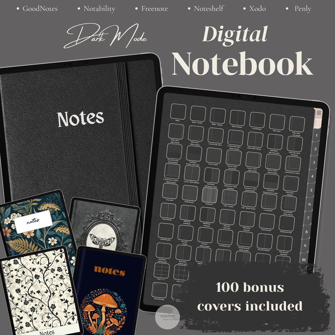 Dark Mode Digital Notebook, Hyperlinked Notebook for Goodnotes and ...