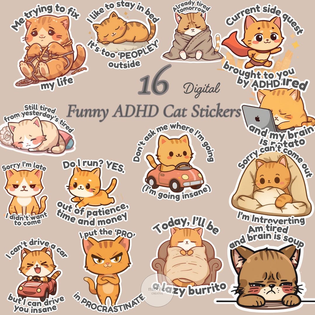 Funny ADHD Cat Stickers, Goodnotes and Digital Planner Stickers Pack ...
