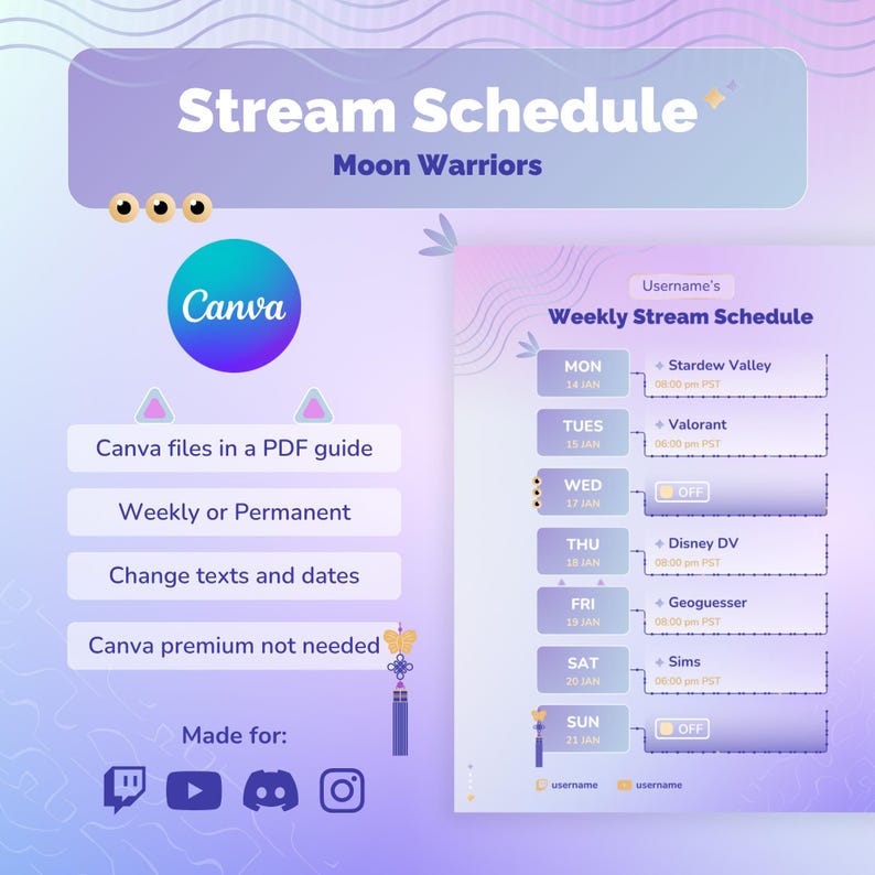 Kpop Stream Schedule Template: Moon Warriors Design (canva Editable ...