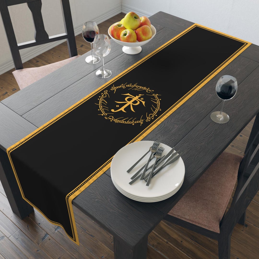 Tolkien LOTR Table Runner - Lord of the Rings Tapestry - Black and Gold ...