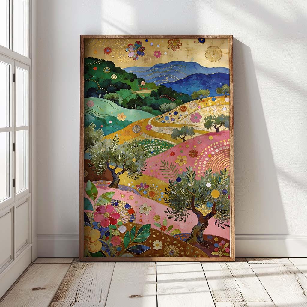 Mediterranean Folk Landscape Wall Art – Maximalist Decorative Hillside ...