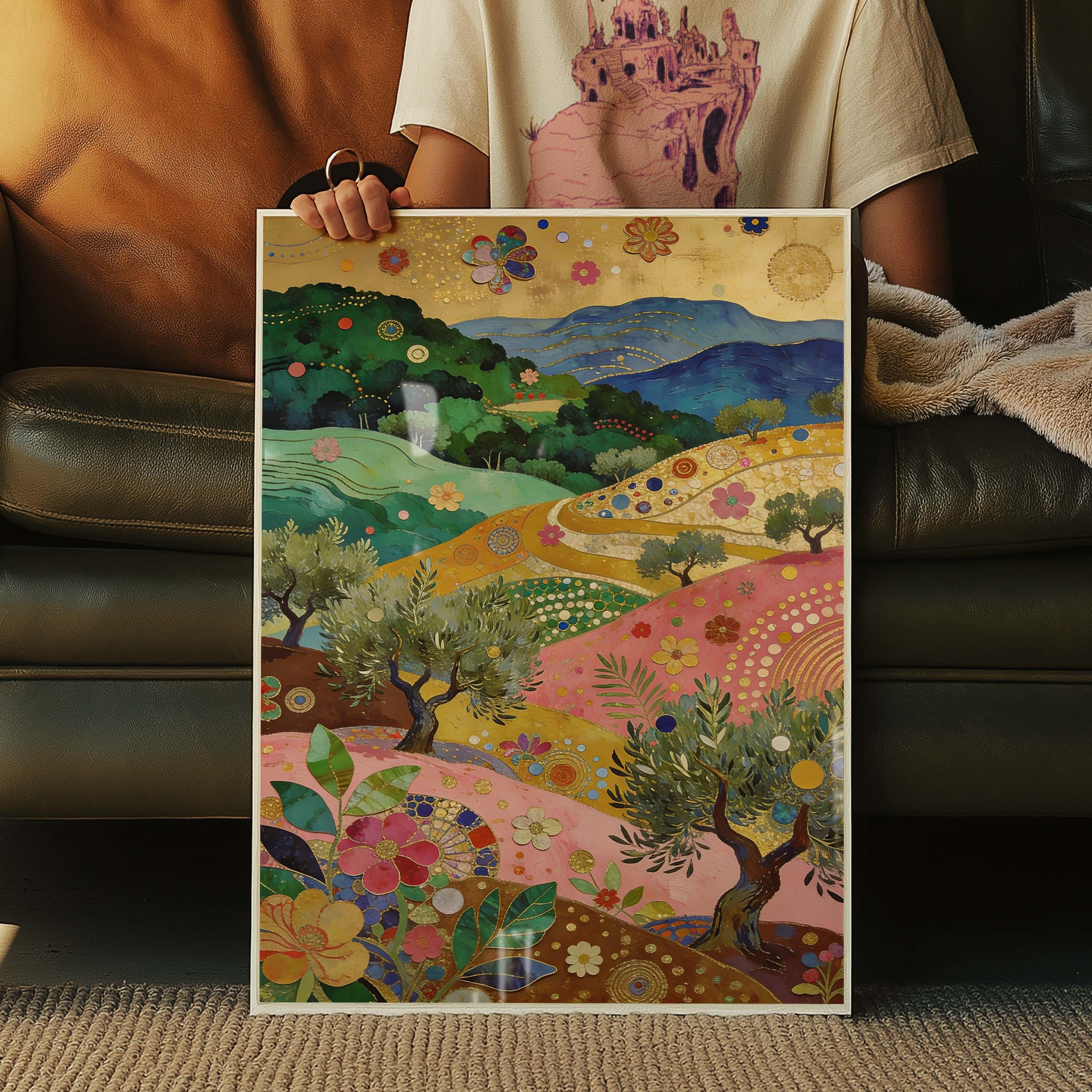 Mediterranean Folk Landscape Wall Art – Maximalist Decorative Hillside ...