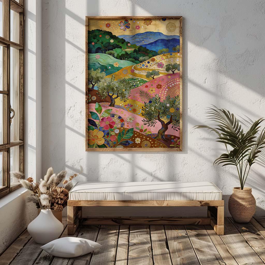 Mediterranean Folk Landscape Wall Art – Maximalist Decorative Hillside ...