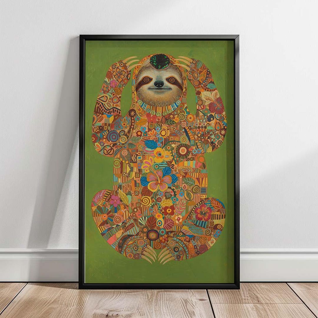 Boho Sloth Wall Art Print - Maximalist Earthy Animal Pattern - Digital ...
