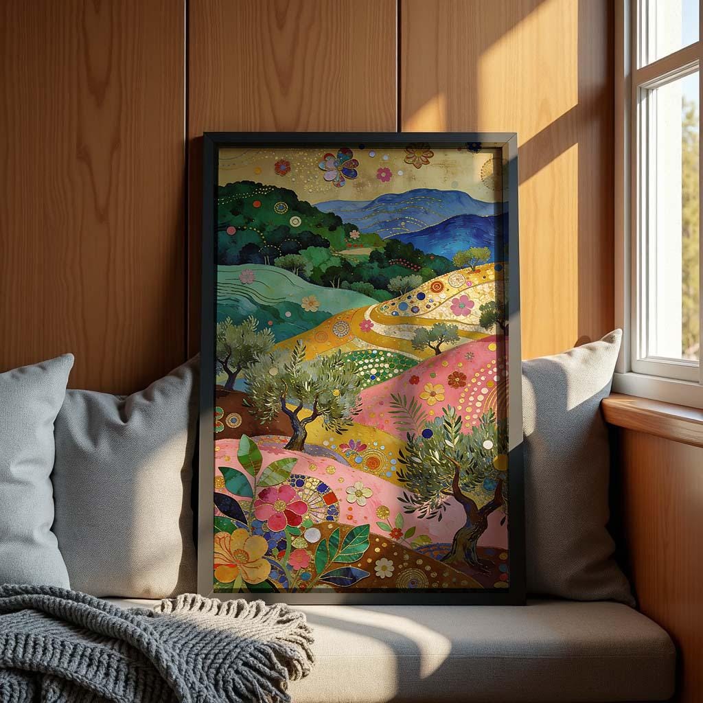 Mediterranean Folk Landscape Wall Art – Maximalist Decorative Hillside ...