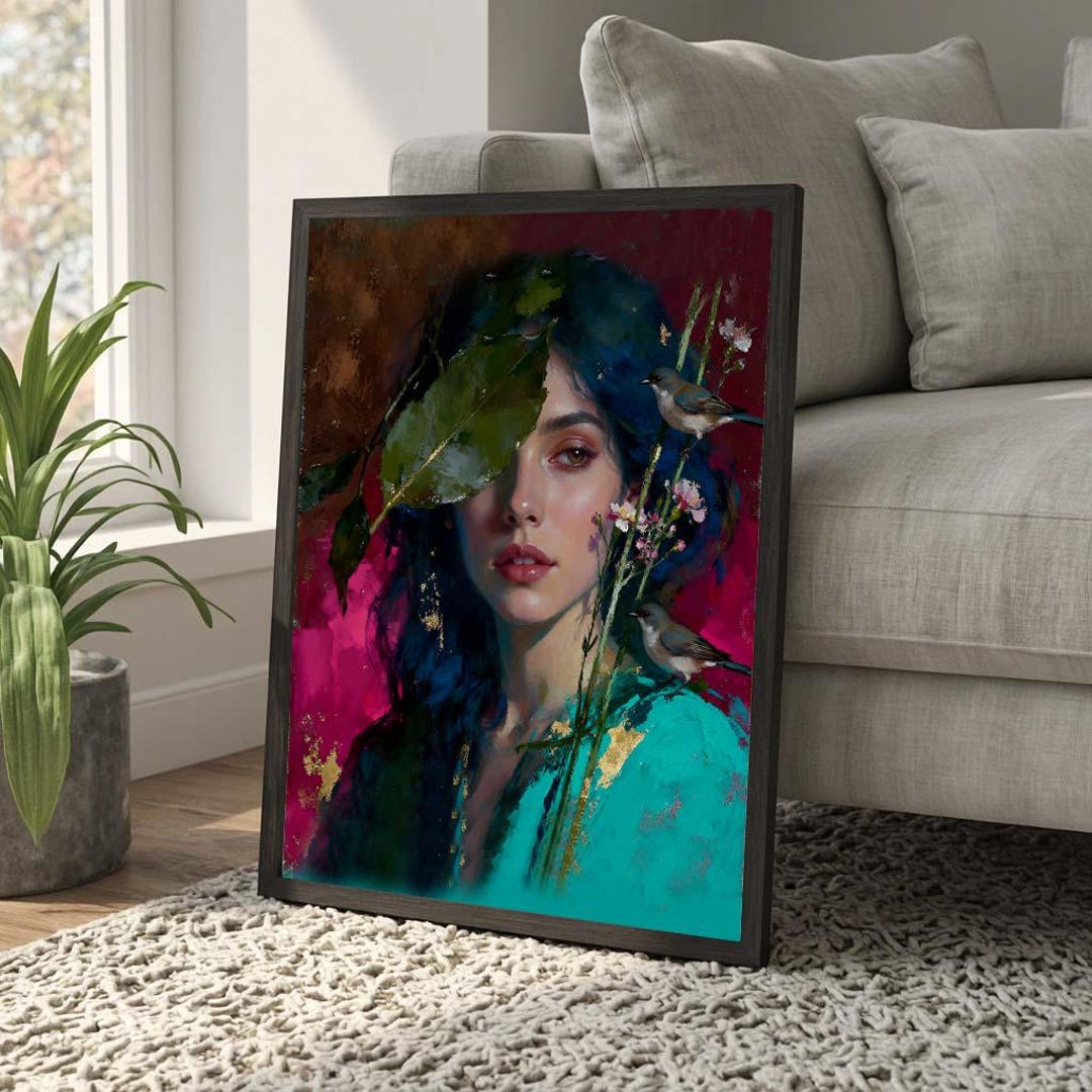 Turquoise & Pink Woman Portrait - Etsy