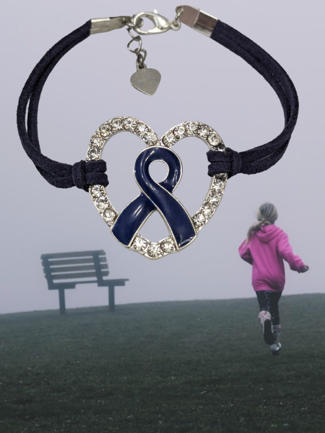 Child Abuse Awareness Rhinestone Bracelet With Blue Ribbon & Faux Suede ...