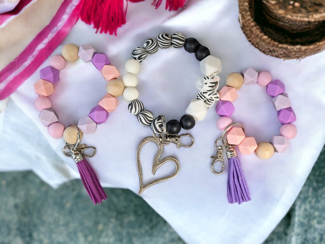 Zebra and Pastel Silicone Bead Keychain With Tassel - Stylish Wristlet ...